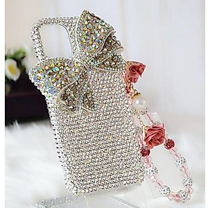 redecarie Cute Bow Case for Samsung Galaxy S9 Plus,Bling Glitter Diamond Crystal Rhinestone Women Girls Kids Shiny Sparkle with Flowers Lanyard Clear Protective Phone Case,Silver Bow