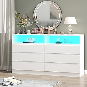 Gyfimoie 6 Drawer Double Dresser with Power Outlet, Accent Chests of Drawers with LED Light, Modern White Storage Dresser with Charging Station (Mirror Not Included)