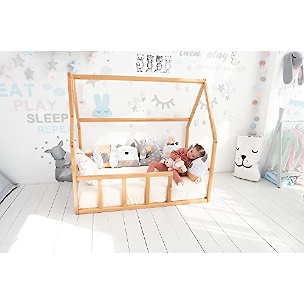 BUSYWOOD House Bed for Kids - Toddler Bed - Platform Bed Frame - Montessori Floor Bed - Full Size Bed - Queen Bedframe, Natural Wood (FLOOR BED FOR SLEEPING ONLY)