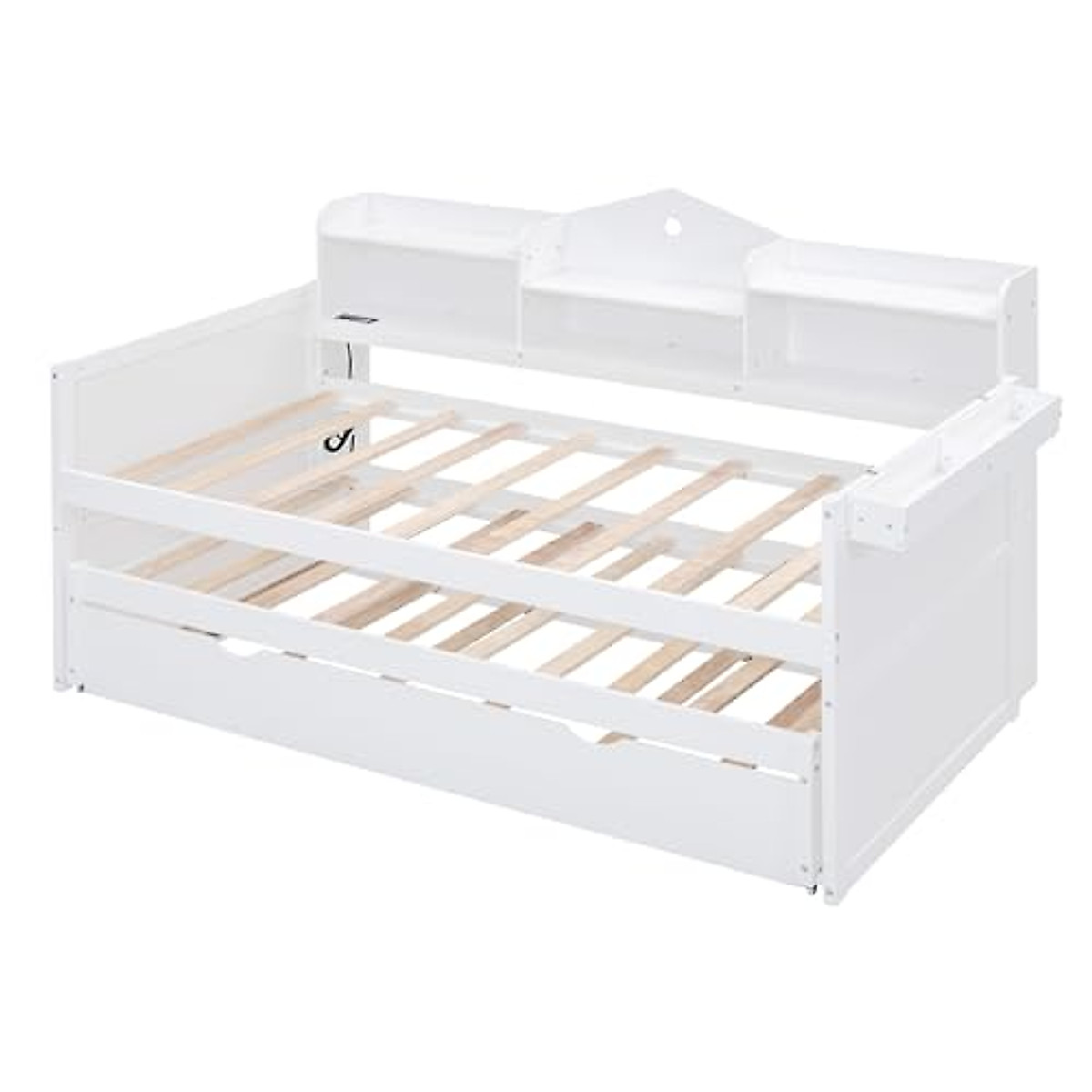 Linuque Twin Size Daybed with 2 Twin Trundles and Storage Shelf, Wooden Sofa Bed Frame with USB Charging Ports, No Box-Spring Needed, White