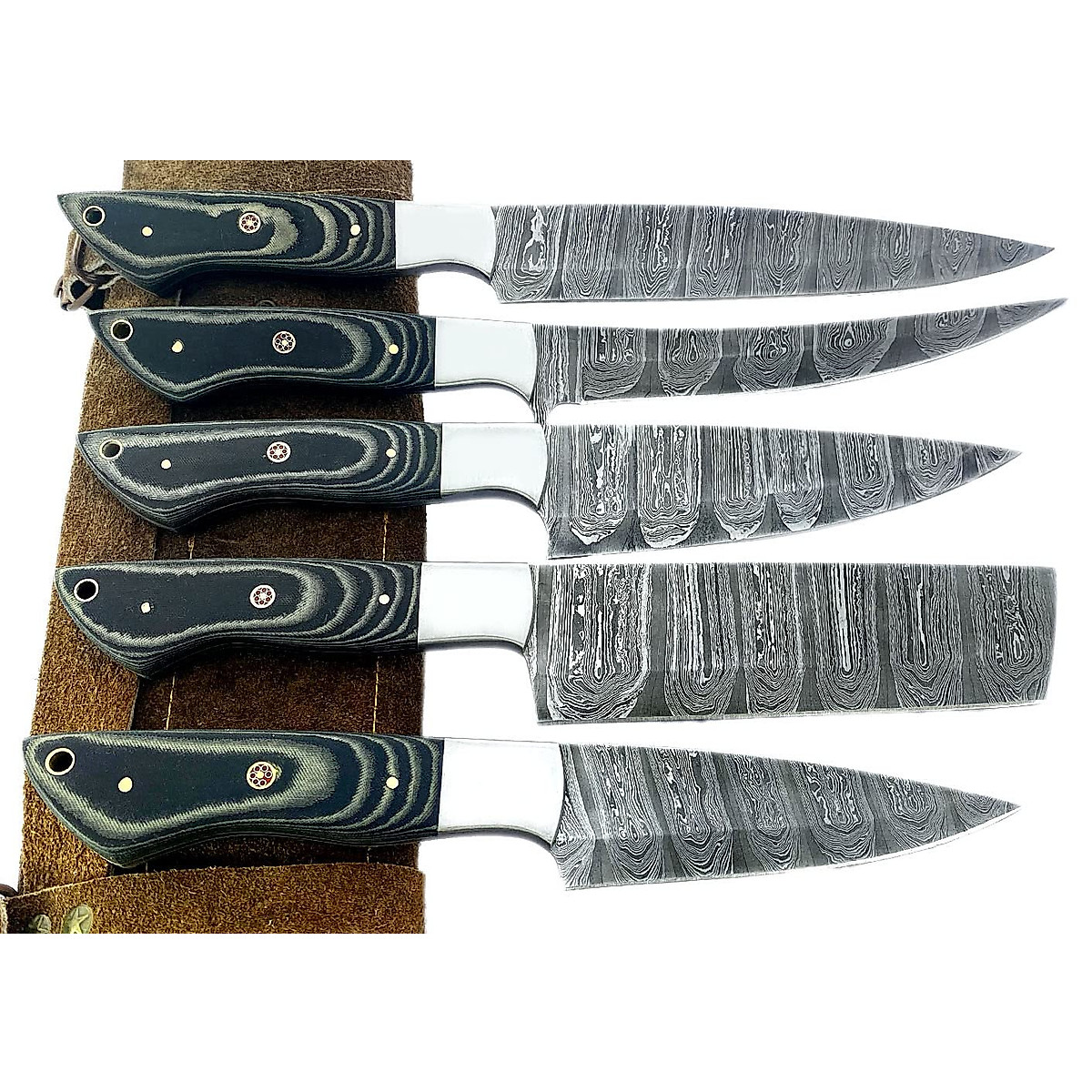 Professional Kitchen Knives Custom Made Damascus Steel 5 pcs of Professional Utility Chef Kitchen Knife Set with Chopper / Cleaver with Pocket Case Chef Knife Roll Bag - BW-4160