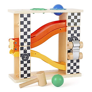 Small Foot Wooden Toys - Wooden Marble Run and Knock Hammer Bench in Rally Design