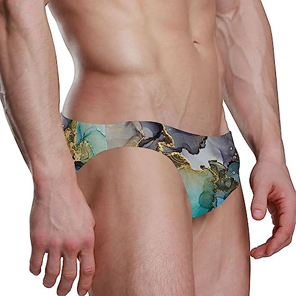 Mixed Blue, Grey, Golden Alcohol Ink Abstract Marble Texture Men's Boxer Brief, Sexy Swim Underwear Board Shorts Swimwear Hot Body Bikini Trunks Thong Swimsuit Bathing Suit for Sports(XXXL)