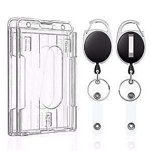 Pawfly Vertical 2-Card Badge Holder with Thumb Slots Hard Transparent PC Case Protector with Retractable Badge Reel Carabiner Clip for IDs Credit Cards Driver’s Licenses and Passes, 2 Pack