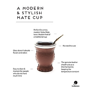 BALIBETOV [New Leather & Glass Yerba Mate Gourd Set (Mate Cup) with Yerba Mate Bombilla (Straw) (Brown)