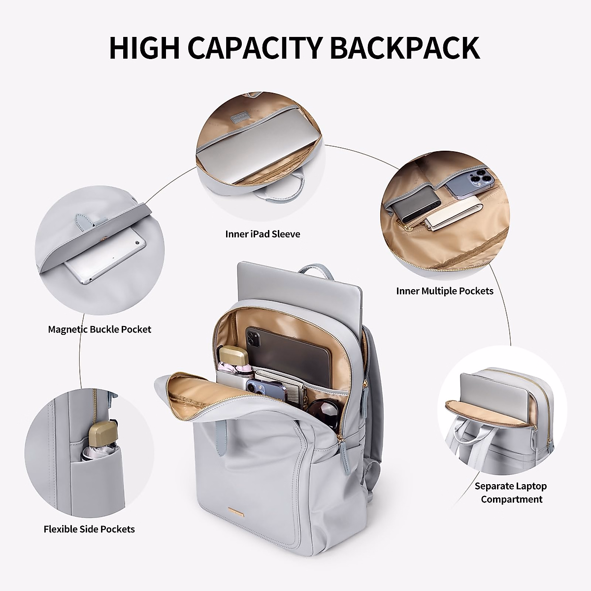 GOLF SUPAGS Laptop Backpack Purse for Women Fits 14 Inch Notebook Casual Daypack Work Travel College Bookbag Fashion Computer Bag (Pale Grey, 14 Inch)