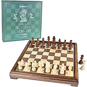 OUMODA Luxury Magnetic Wooden Chess Game Set - 15" Walnut Chess Board with Stylish Chess Pieces - 2 Extra Queens, Strap-Style Elastic Rope Storage, High End Gift, Birthday Housewarming Retirement