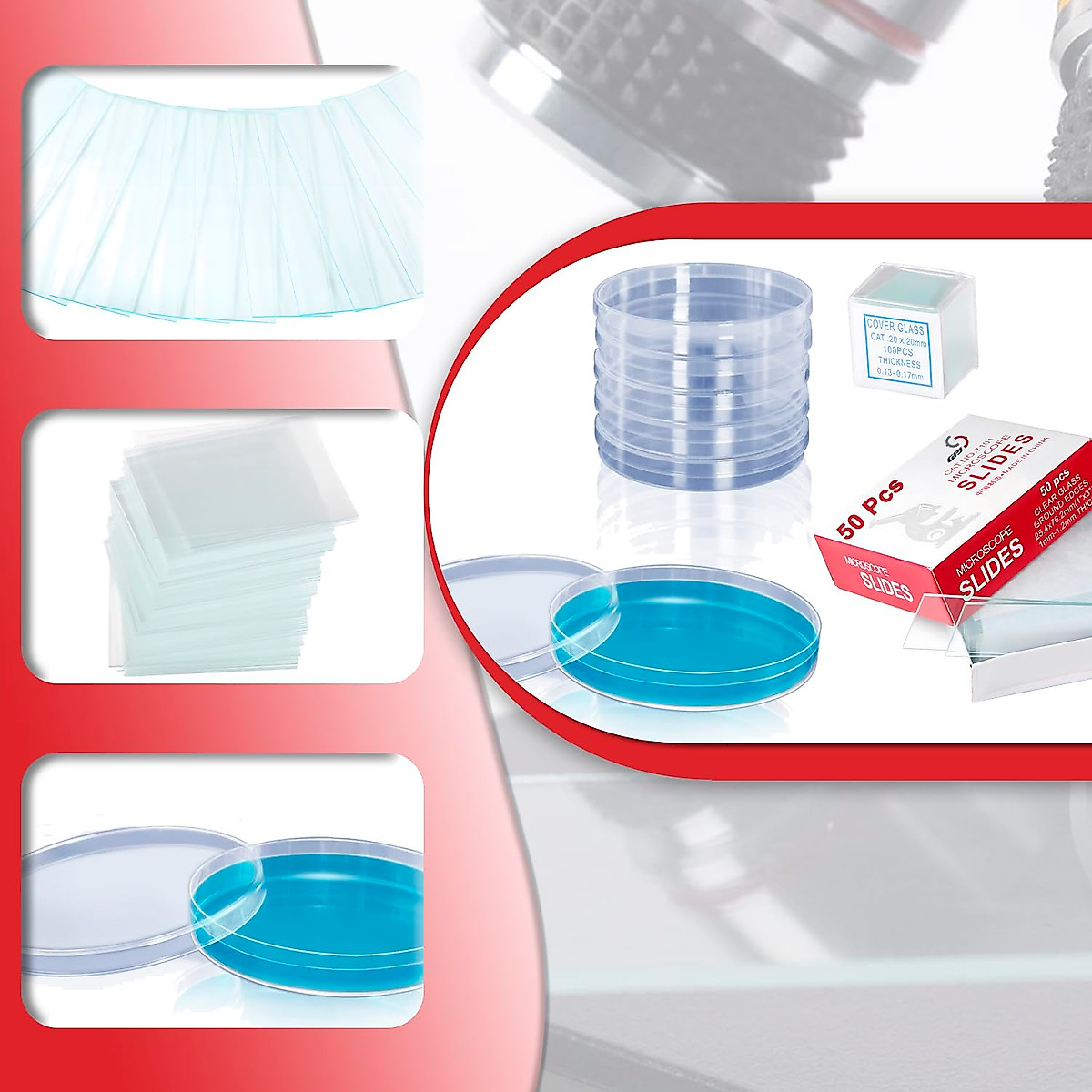 Sterile Plastic Petri Dishes Set, 50 Pcs Pre-Cleaned Blank Microscope Slides, 100 Pcs 20x20mm Square Cover Glass, 5 Pcs 90mm Diax15mm Deep Lab Petri Plate Dish with Lid and 10 Test Pipette Droppers