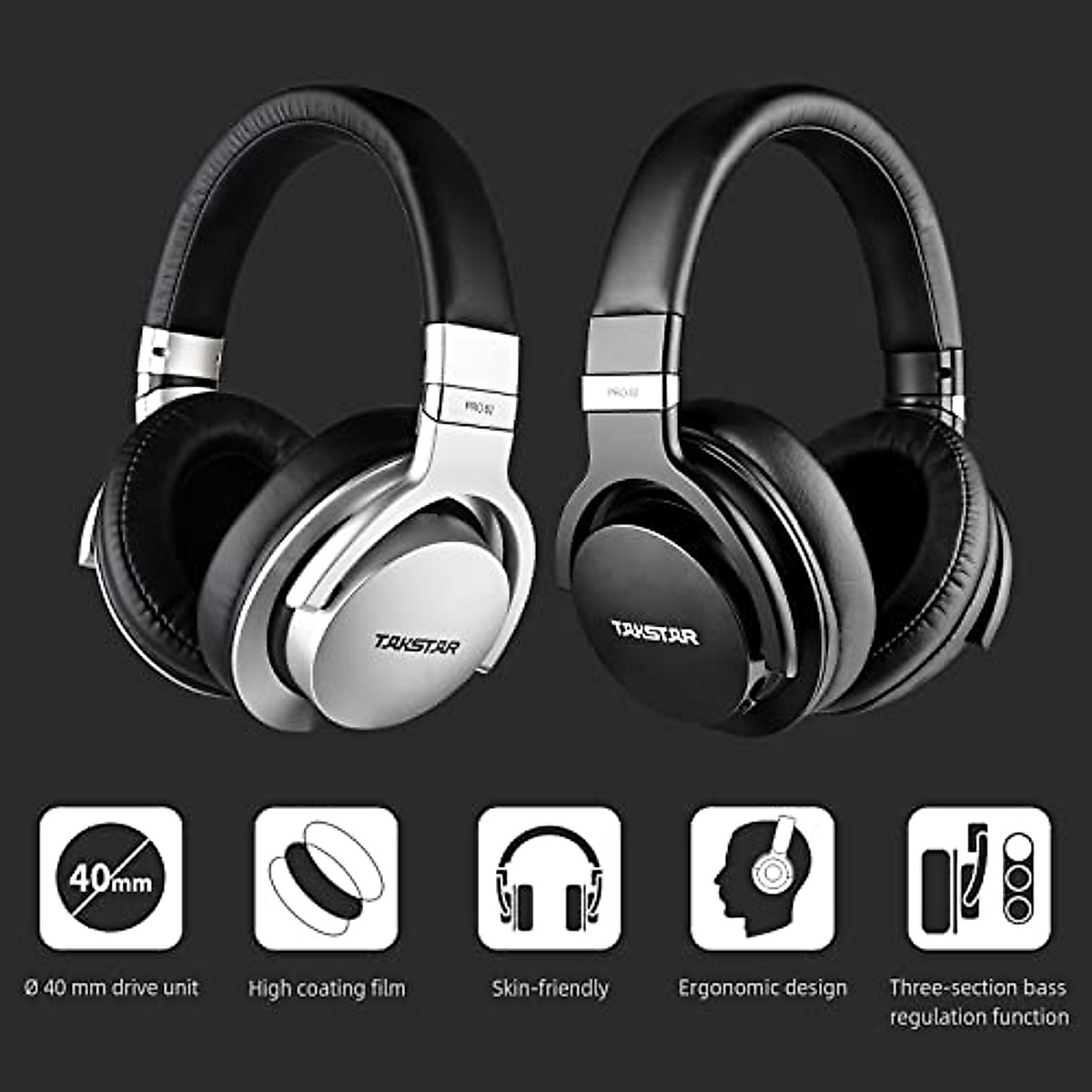 TAKSTAR On-Ear Monitor Headphones Bass Adjustment HiFi Stereo Dynamic Studio Noise Cancelling Headsets for Recording Monitoring Music PRO 82 Silver