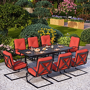 PHI VILLA 9 PCS Patio Dining Set, 8 Spring Motion Thickened Cushion Chairs and Extendable Metal Table for Indoor,Outdoor, Garden, Outdoor Waterproof Furniture Sets(Red)