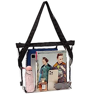 VASCHY Clear Tote Bag for Women, Heavy Duty Stadium Approved Transparent See Through Bag Purse for Work,Sports,Concert Black