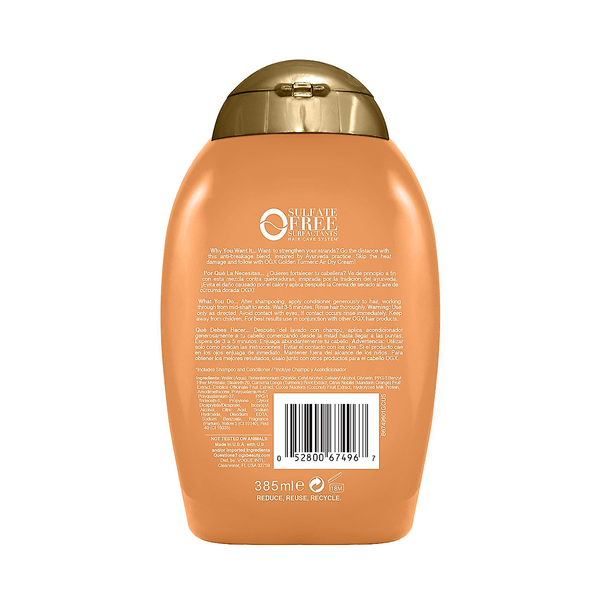 OGX Strength Length + Golden Turmeric Conditioner with Milk to Soothe Scalp Nourish Hair, Ayurveda SulfateFree Surfactants for Stronger Longer Hair, Coconut, 13 Fl Oz