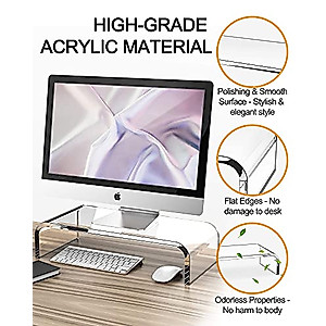 Clear Monitor Riser, Acrylic Computer Stand 20 inch - Sturdy 50LB Max - Promote Pain Relief Posture & Free Up Cluttered Space with TV, Laptop & PC Computer & Desk Storage Organizer Stand Riser