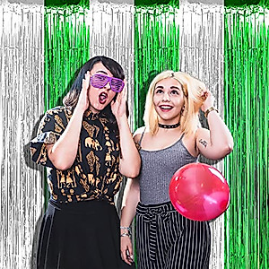 4 Pack 3.2Ft x 8.2Ft Silver Green Foil Fringe Curtain Backdrop, Metallic Tinsel Foil Fringe Streamers Curtains Background for Photo Booth, Birthday, Wedding, St Patrick Day Party Decoration