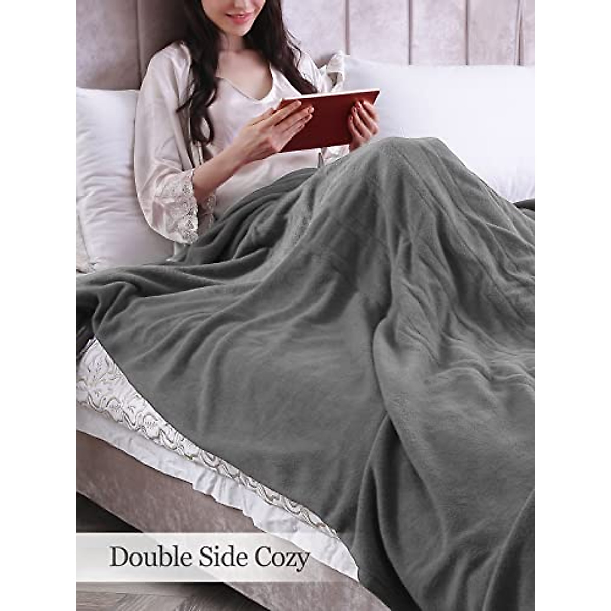 CURECURE Electric Heated Blanket 62'' x 84'' Electric Blanket for Whole Body Warming, ETL and FCC Certification Fast Heating with 4 Heating Levels & 10 Hours Auto-Off, Machine Washable, Grey