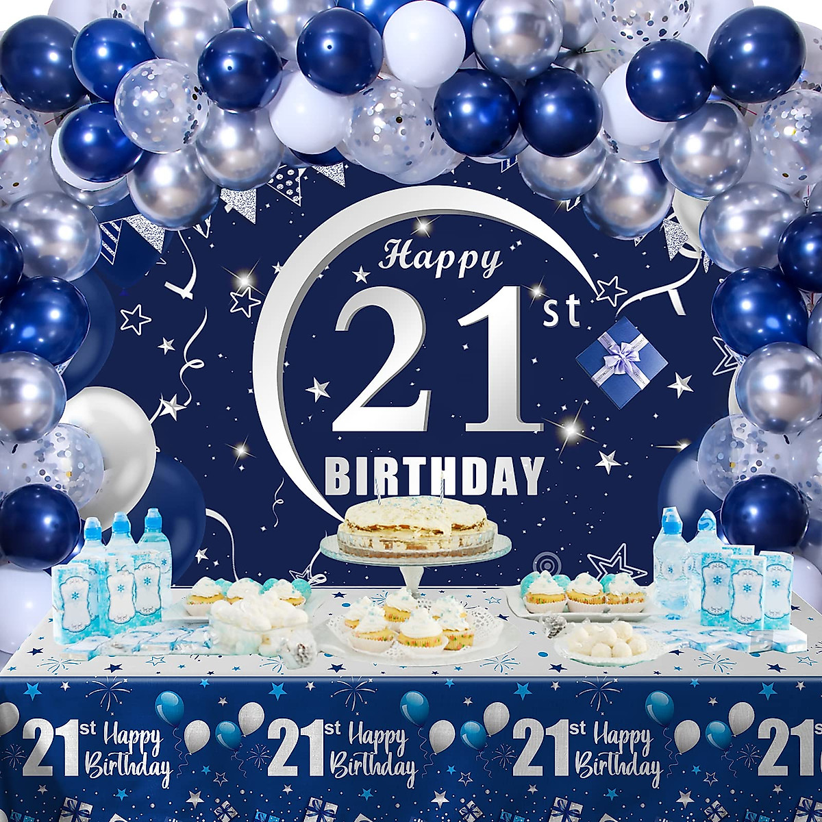 21st Birthday Decorations for Her & Him - Blue Party Supplies & Backdrop