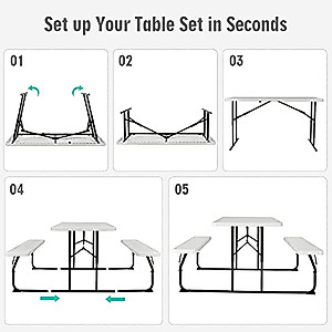Tangkula Folding Picnic Table with 2 Benches, Outdoor Metal Camping Table Set with Plastic Wood-Like Texture Tabletop & Steel Frame, Foldable Camping Table for Picnic, Party, BBQ (White)