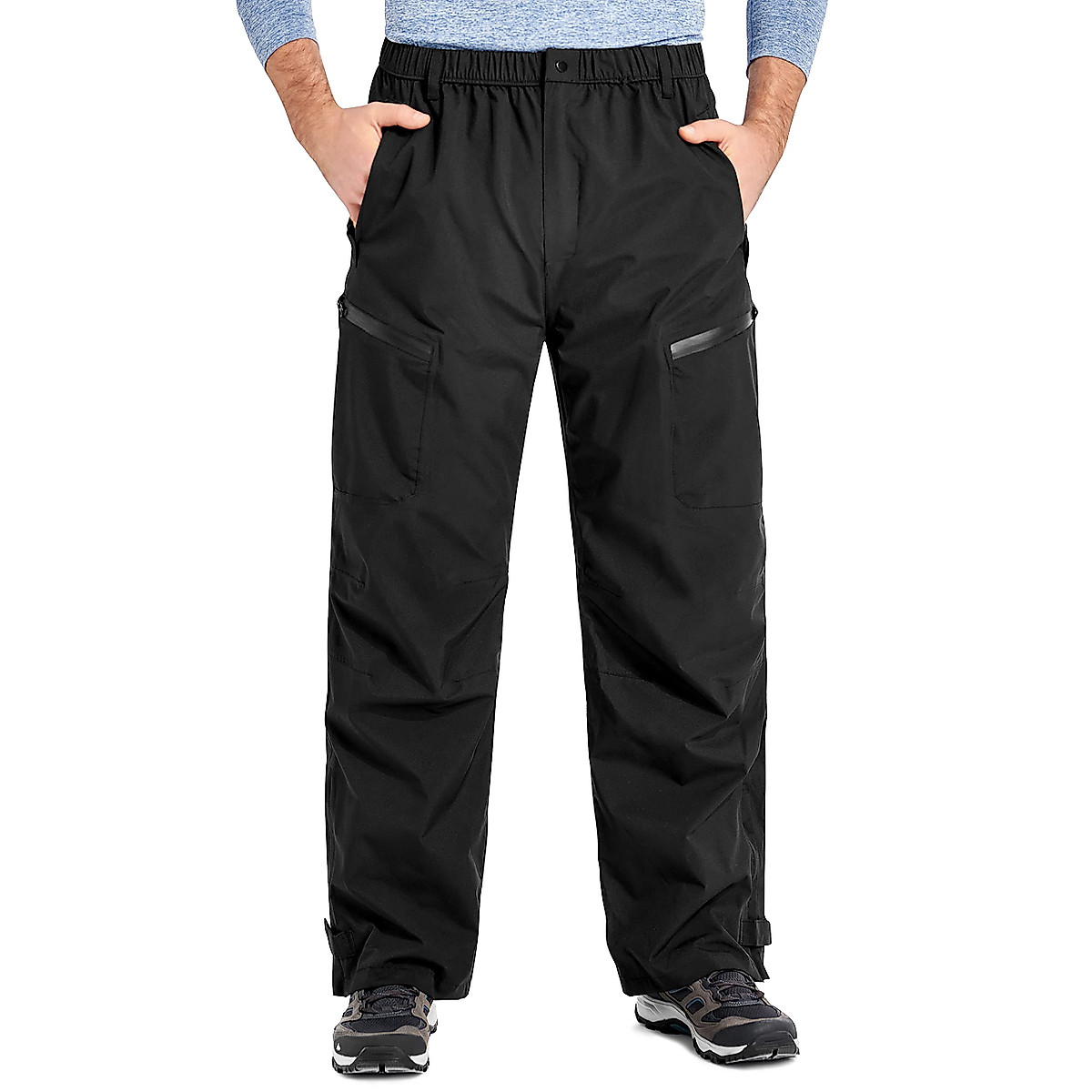 Men's Rain Pants, Waterproof Rain Over Pants Lightweight Packable Windproof Hiking Pants Outdoor Golf Work Black