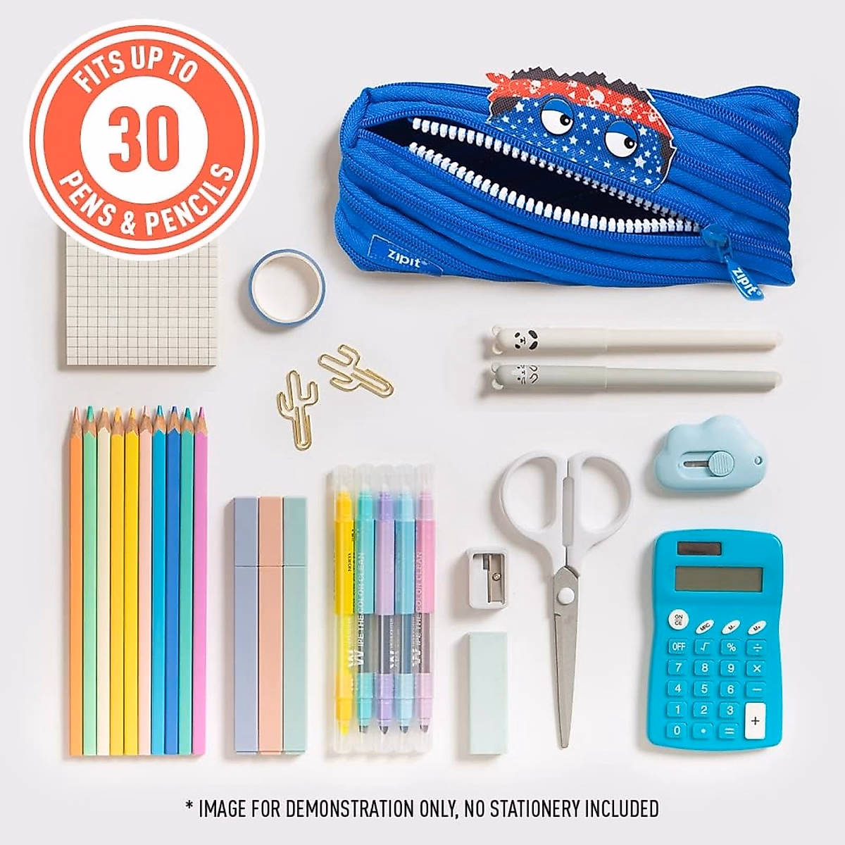 ZIPIT Monstar Pencil Case for Boys, Holds Up to 30 Pens, Machine Washable, Made of One Long Zipper! (Blue)