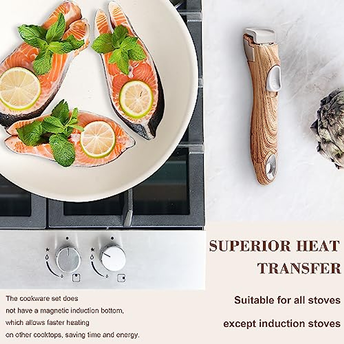 Nonstick Cookware Set - 13 PCS Stackable Pots and Pans Set Detachable Handle Camping Cookware, Granite Kitchen Cookware Sets Removable Handle, Non Toxic Nonstick Frying Pans for Cooking Set Gift Beige