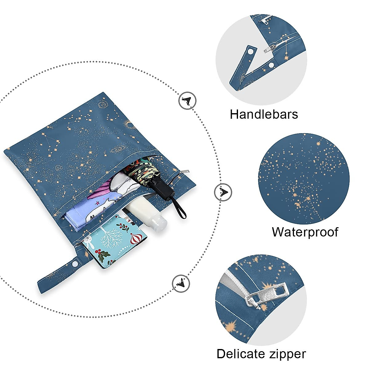 2 PCs Wet Dry Bag Moon Star Space Constellation Pattern Waterproof Wet Bag Cloth Reusable Diapers Wet Swimsuit Bag for Toiletries Travel Beach Pool Stroller Gym