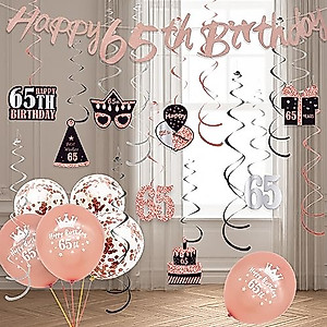 WOJOGO 65th Birthday Decorations for Women, Rose Gold 65 Birthday Decorations For Women, Happy 65th Birthday Banner Hanging Swirls Birthday Cake Topper Balloons Decor Kit for Party Supplies