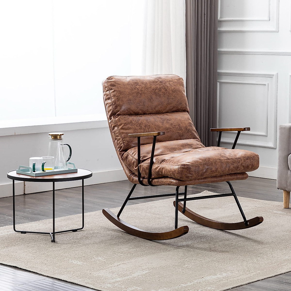 Rocking Chair Mid-Century Modern Nursery Rocking Armchair Glider, Comfy Side Chair for Living Room Bedroom, PU Leather Upholstered Rocker Glider, Brown