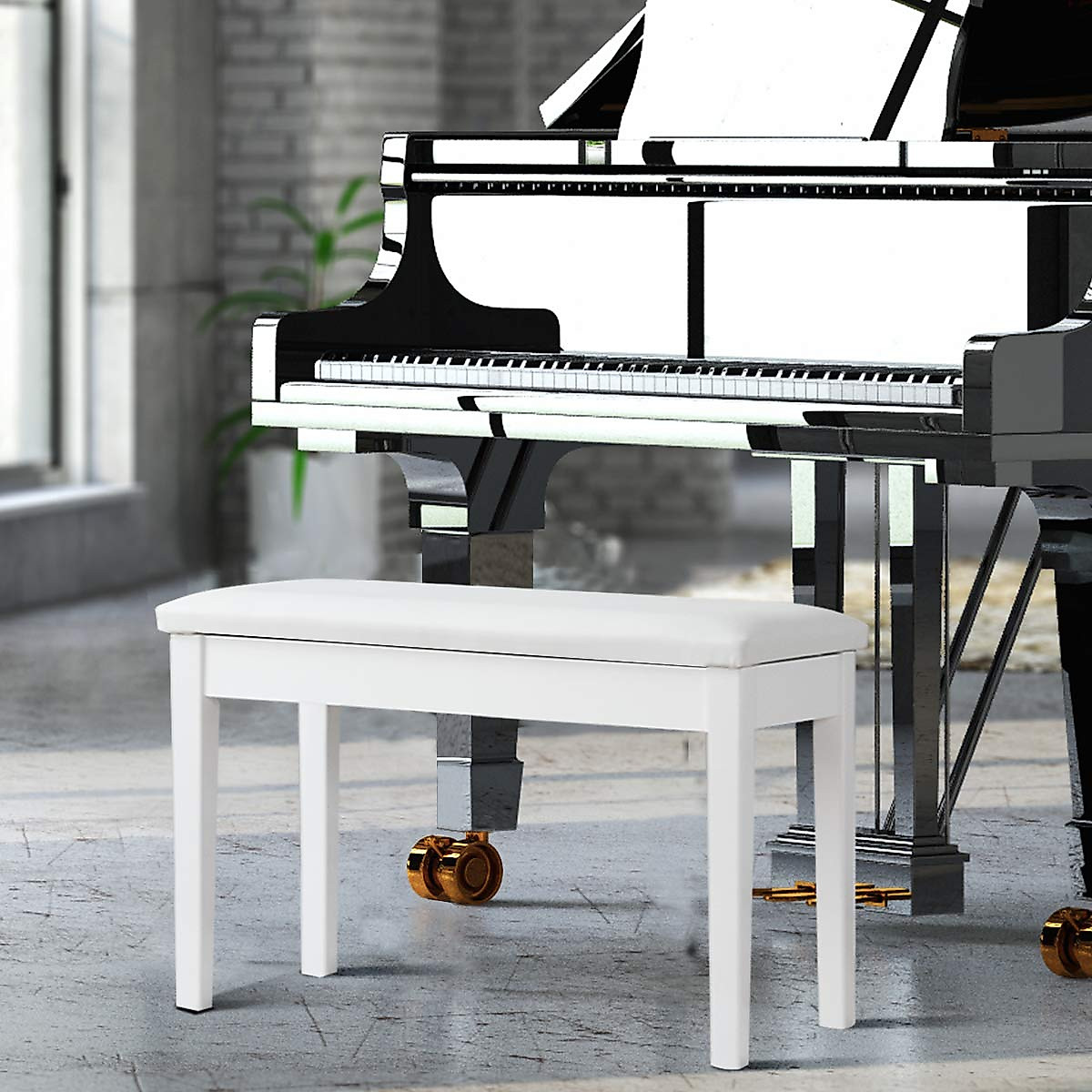GOFLAME Duet Piano Bench, White, Padded Cushion, Solid Wood Construction, Hidden Music Storage, 29.5" x 14" x 19.5"