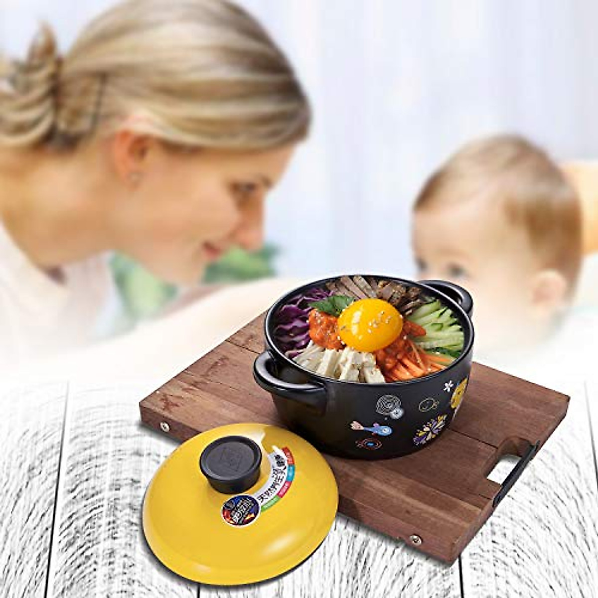 AHUONEL Ceramic Stockpot Clay Cooking Pot Cookware Stovetop, Cartoon Pattern Stew Pot Hot Pot Clay Pots Soup Pot Casserole Cooking Pot 2.6 Quart Yellow Cat