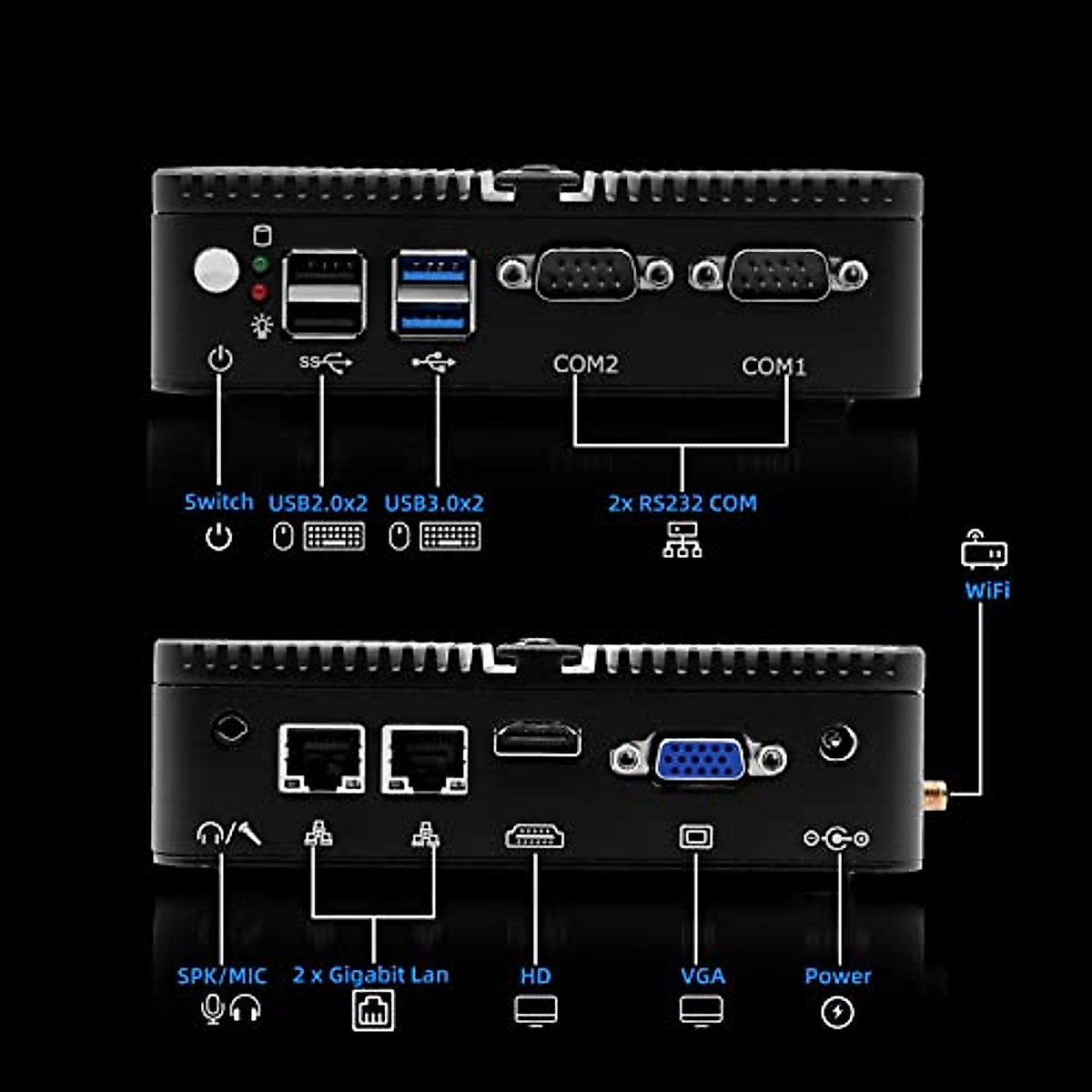 Mini Industrial PC, Windows 10 Pro 8GB DDR4 RAM 256GB SSD, Quad-Core Celeron J4125, 4K HD Mini Desktop Computer, Micro PC, HDMI/VGA/2 RJ45 Gigabit Ethernet/Dual Band Wi-Fi/BT 4.0/2RS232 Com port/VESA