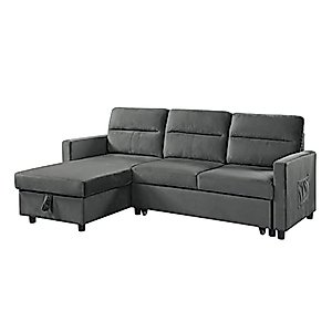 Lilola Home Velvet Reversible Sleeper Sectional Sofa with Storage Chaise and Side Pocket, Dark Gray