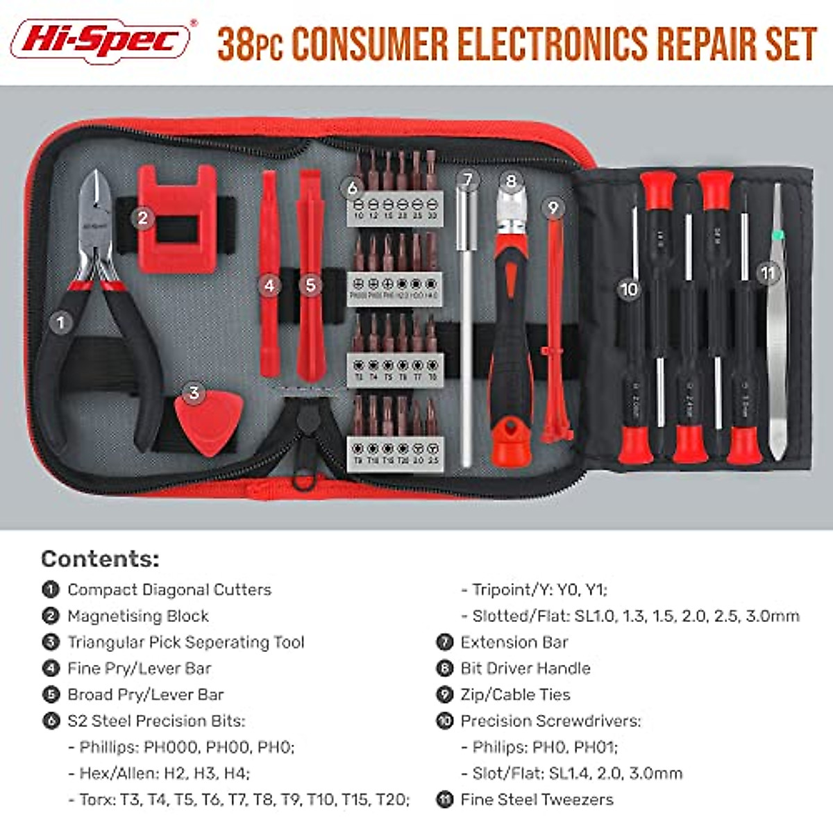 Hi-Spec 38pc Electronics Repair & Opening Tool Kit Set for Laptops, Phones, Devices, Computer & Gaming Accessories. Precision Small Screwdrivers with Pry Tools