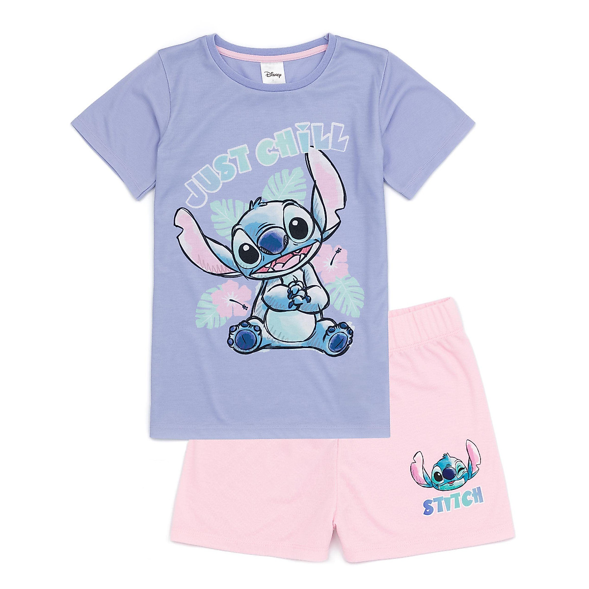 Disney Lilo And Stitch Girls 2 Pack Pyjama Set | Kids Short Sleeve T-Shirt Complete & Shorts PJs | Just Chill Alien Graphic Purple