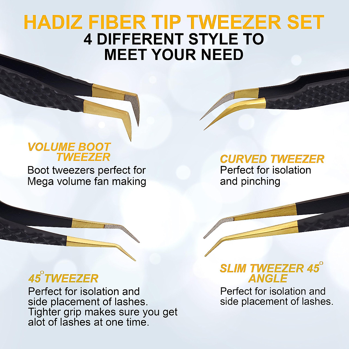 HADIZ Set of 4 Fiber Tip Diamond Grip Eyelash Extensions Tweezers Japanese Stainless Steel Lash Tweezer(Black)