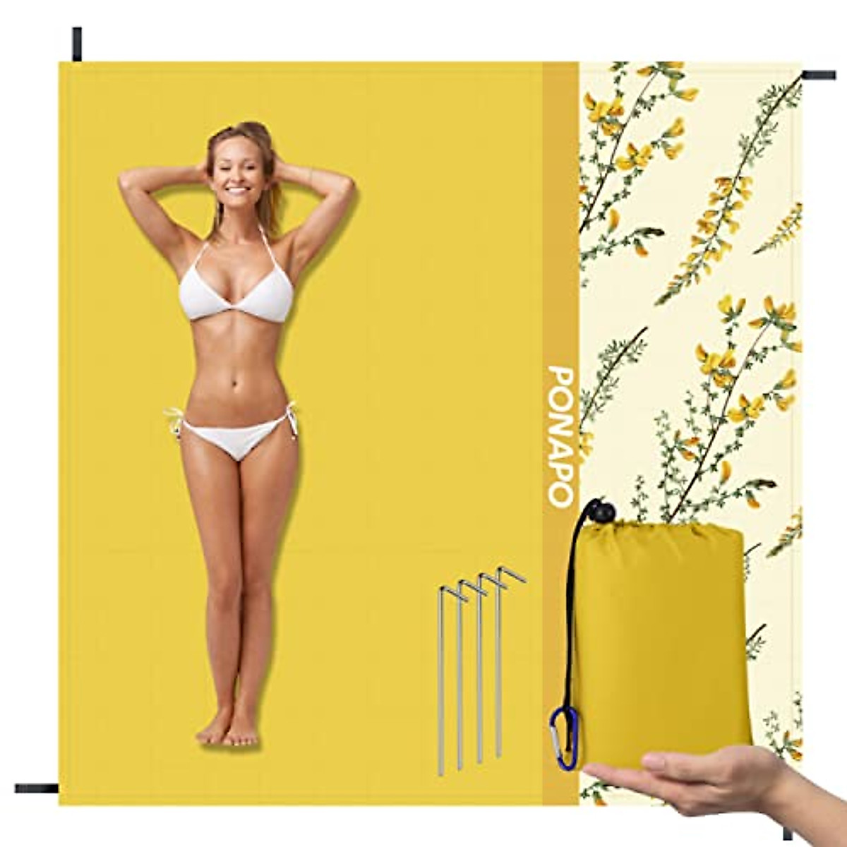 PONAPO Beach Blanket Waterproof Sandproof, Picnic Blanket, Large Beach Mat 4-7 Adults, Lightweight Durable Sand Free Mat Quick Drying for Beach Travel Camping Hiking Picnic 79"x79"