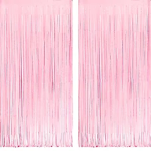 Pastel Pink Party Backdrop Decoration - GREATRIL Coral Pink Foil Fringe Streamers for Baby/Valentines/Cowgirl/Sweet/Cloud/Unicorn/Princess Themed - 3.2ft X 8.2ft - 2 Packs