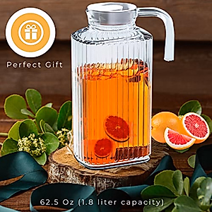Xabono 1.8 L (62.5 oz) Glass Pitcher with Lid 2 Quart Pitcher with Lid Strong Glass Glass Pitcher Fridge Glass Water Pitcher Juice Sangria Ice Tea Glass Milk Bottle with Lid Glass Handle Glass Carafe