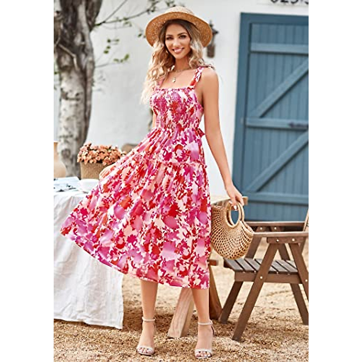 ZAFUL Women's Summer Maxi Dress Boho Floral Casual Ruffle Smocked Halter Backless Knot Long Flowy Beach Sun Dress