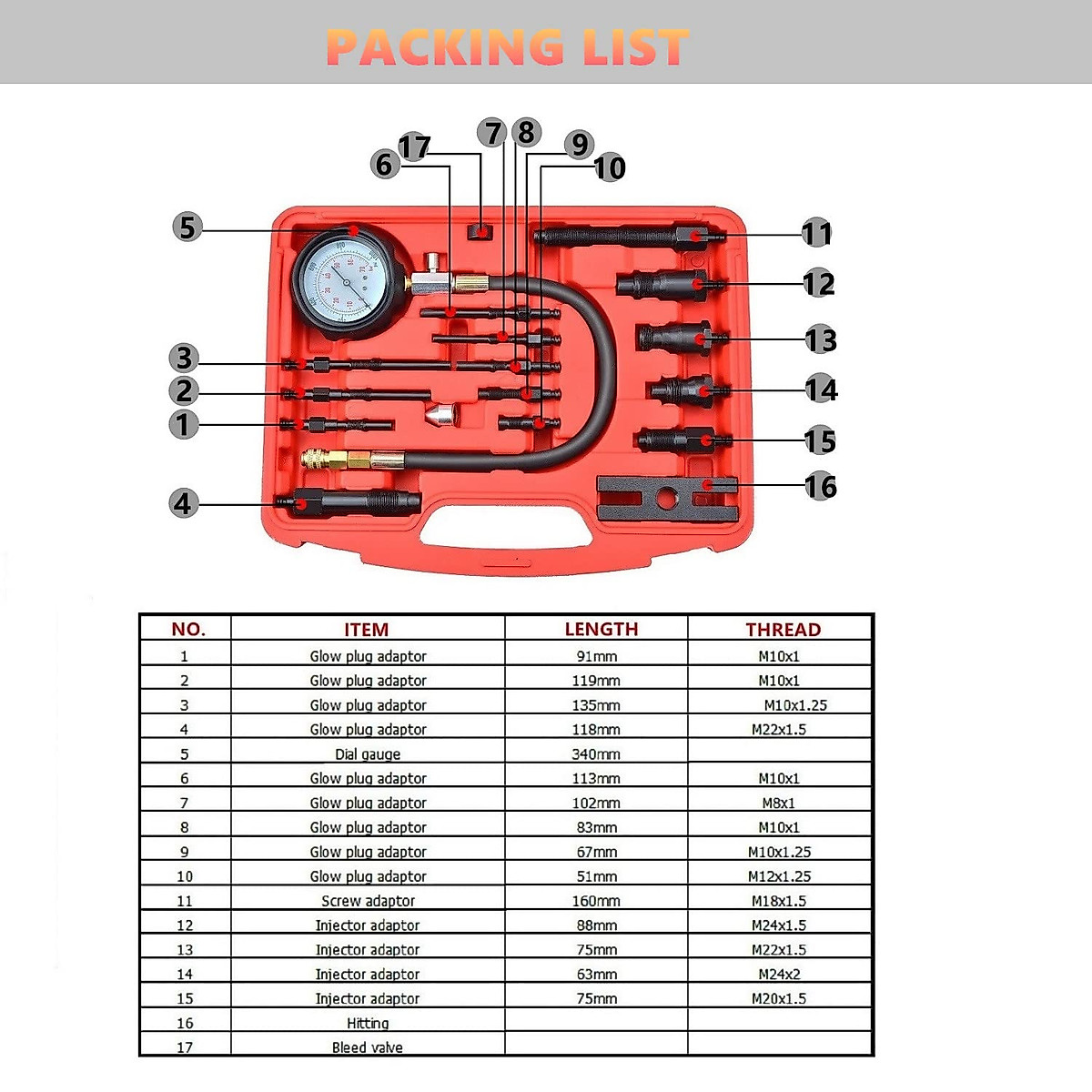Prokomon 17 pc Diesel Engine Cylinder Compression Tester Tool Kit Set Automotive Compressor