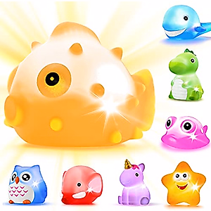 Bath Toys, 8 Pcs Light Up Floating Rubber Animal Toys Set, Flashing Color Changing Light in Water, Baby Infants Kids Toddler Child Preschool Bathtub Bathroom Shower Games Swimming Pool Party