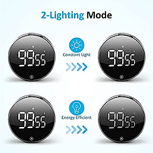 Digital Kitchen Timer Magnetic Countdown with Large LED Display, Silent Classroom Timer for Kids Teachers, 3-Level Volume Round Count Up Timer for Cooking Baking, Easy Operation for Seniors Silver