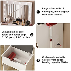 Titoni Vanity Table Set with Lighted Mirror - Makeup Vanity with Charging Station, Large Drawer Sturdy Wood Vanity with Lights, 3 Color Modes, Adjustable Brightness, White