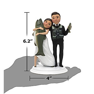 Dihtan Unique and Funny Fishing Wedding Cake Toppers Bride and Groom (Light Skin Dark Hair)