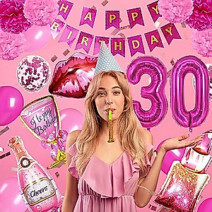 Crenics Rose Pink 30th Birthday Decorations for Women - Happy Birthday Banner, Paper Pom Poms, 30 Number Balloon, Lipstick Champagne Balloons and 24 Latex Balloons for Women 30 Birthday Party Supplies