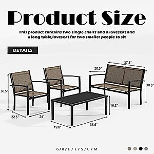 Greesum GS-LCT4PCSBN 4 Pieces Patio Furniture Set Outdoor Conversation Textilene Fabric Chairs for Lawn, Garden, Balcony, Poolside with A Glass Coffee Table, Brown
