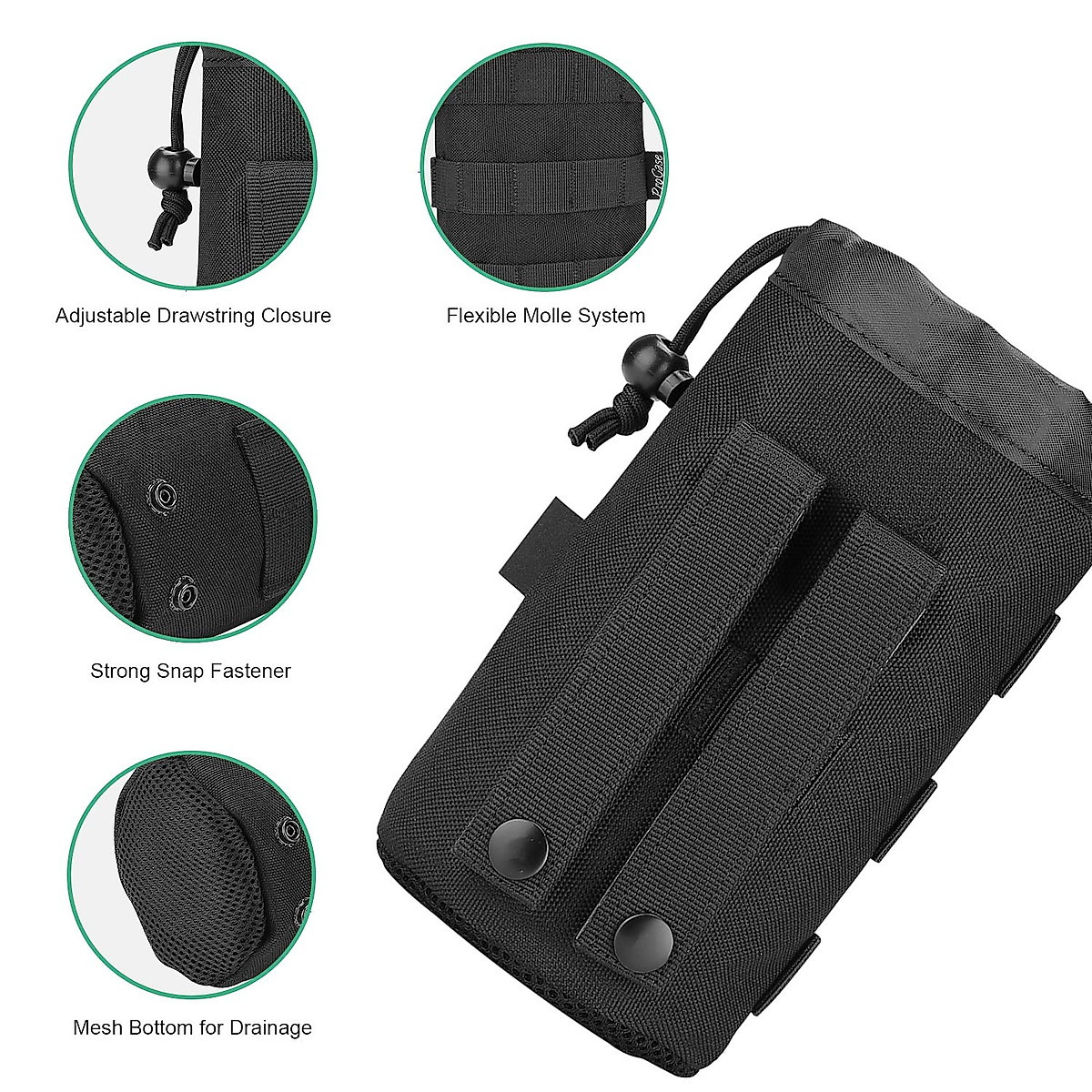 ProCase Tactical Molle Water Bottle Pouch, Military Bottle Holder with Top Drawstring & Mesh Bottom, Portable Water Container Pouch Bag Hydration Carrier for Camping Hiking Hunting Traveling –Black