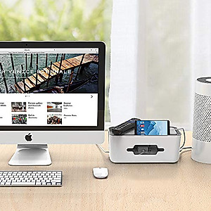 Surge Protector Power Strip with Cable Management Box, 6 Outlets and 2 USB Ports with Switch Control, Flat Plug, 5ft Heavy-Duty Extension Cord, Cord Organizer Box for Home and Office - White