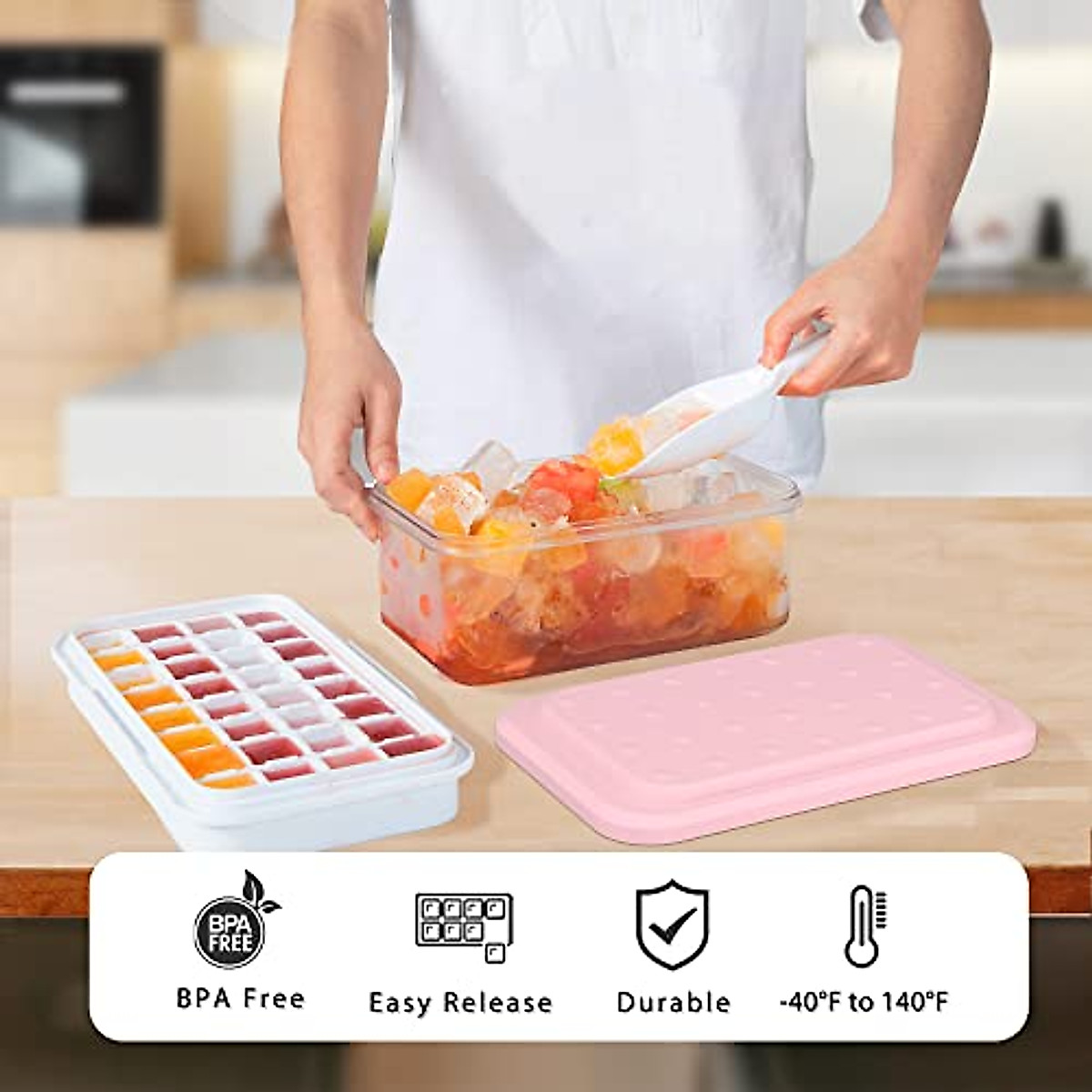 Silicone Ice Cube Tray with Lid and Bin for Freezer, 56 Nugget Ice Tray with Cover, Container, Scoop, Stackable Flexible Safe Ice Cube Trays, BPA Free (Pink)