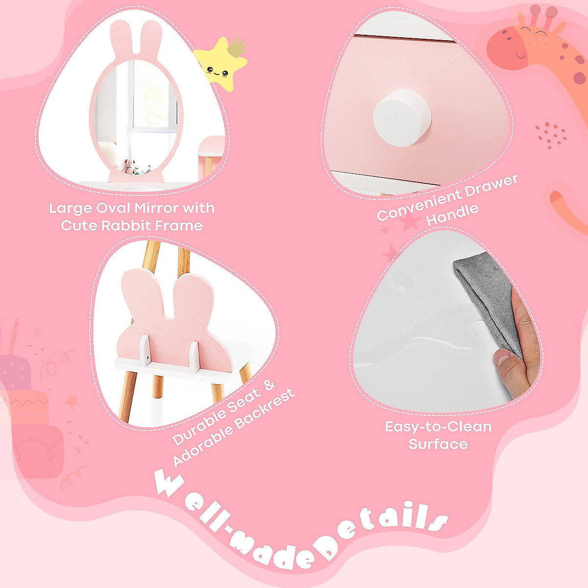 HONEY JOY Kids Vanity, Rabbit Themed Toddler Wooden Makeup Table and Chair Set w/2 Large Drawers, Beech Wood Legs, Princess Dressing Beauty Table, Girls Vanity Set with Mirror and Stool (Pink)