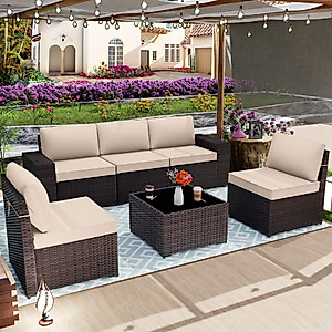 ALAULM Patio Furniture Sets 6 Pieces Patio Sectional Outdoor Furniture Patio Sofa Chairs Set All Weather PE Rattan Wicker Couch Conversation Set with 5 Khaki Thickened Cushions & Coffee Table